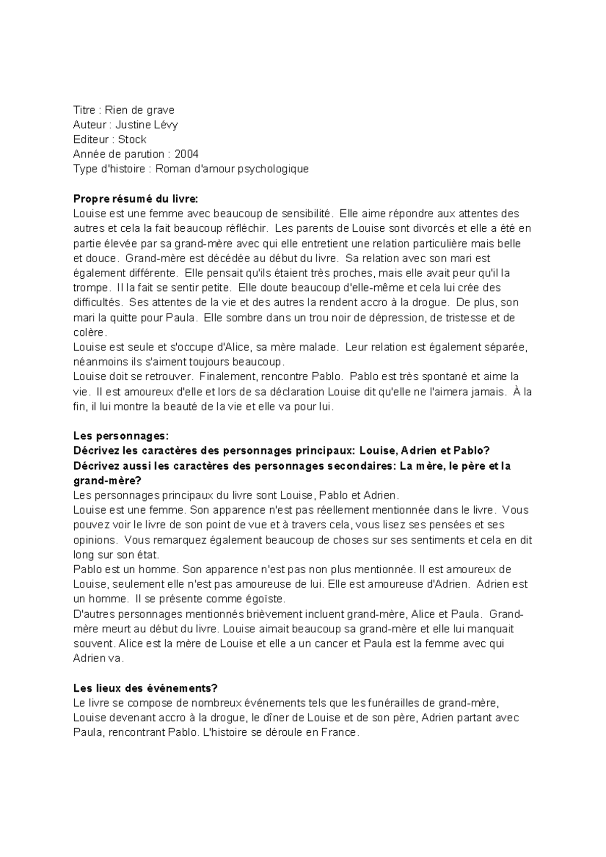 Rien de grave Frans boek - Titre : Rien de grave Auteur : Justine Lévy ...