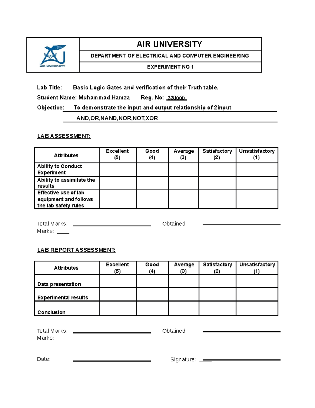 220666 DLD lab 1 - AIR UNIVERSITY DEPARTMENT OF ELECTRICAL AND COMPUTER ENGINEERING EXPERIMENT ...