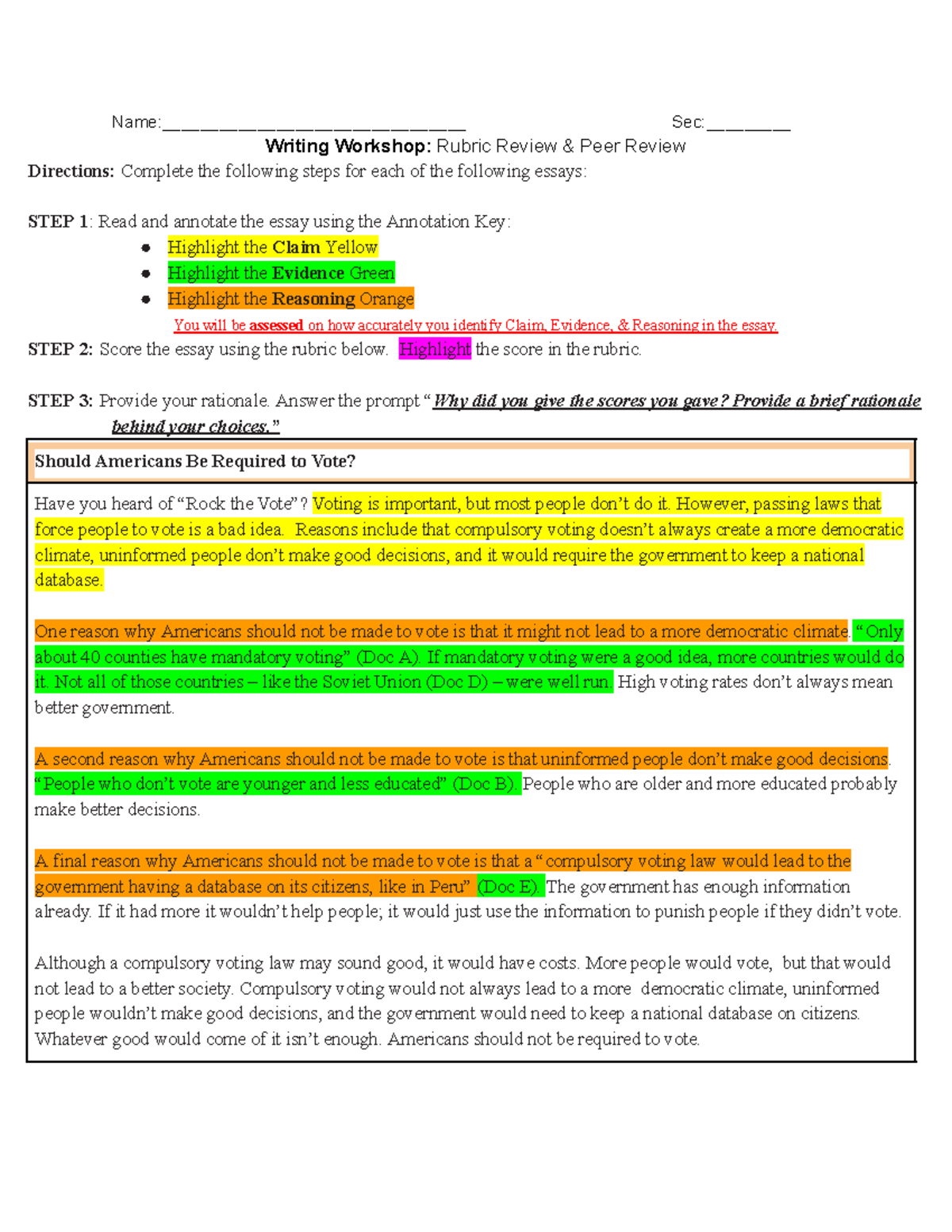 Aiden Hodge Writing Workshop (2) Rubric Review & Peer Review - Name