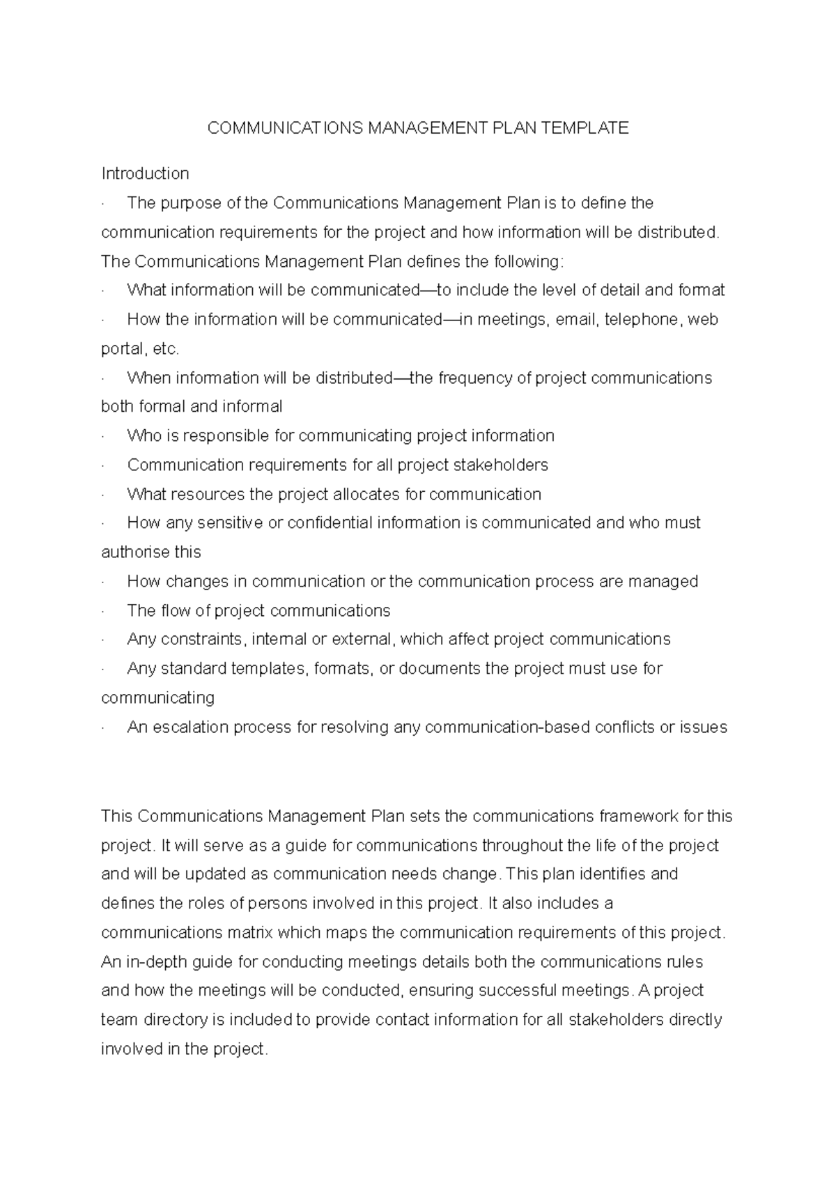 CNET 307 - Communication Plan - COMMUNICATIONS MANAGEMENT PLAN TEMPLATE ...