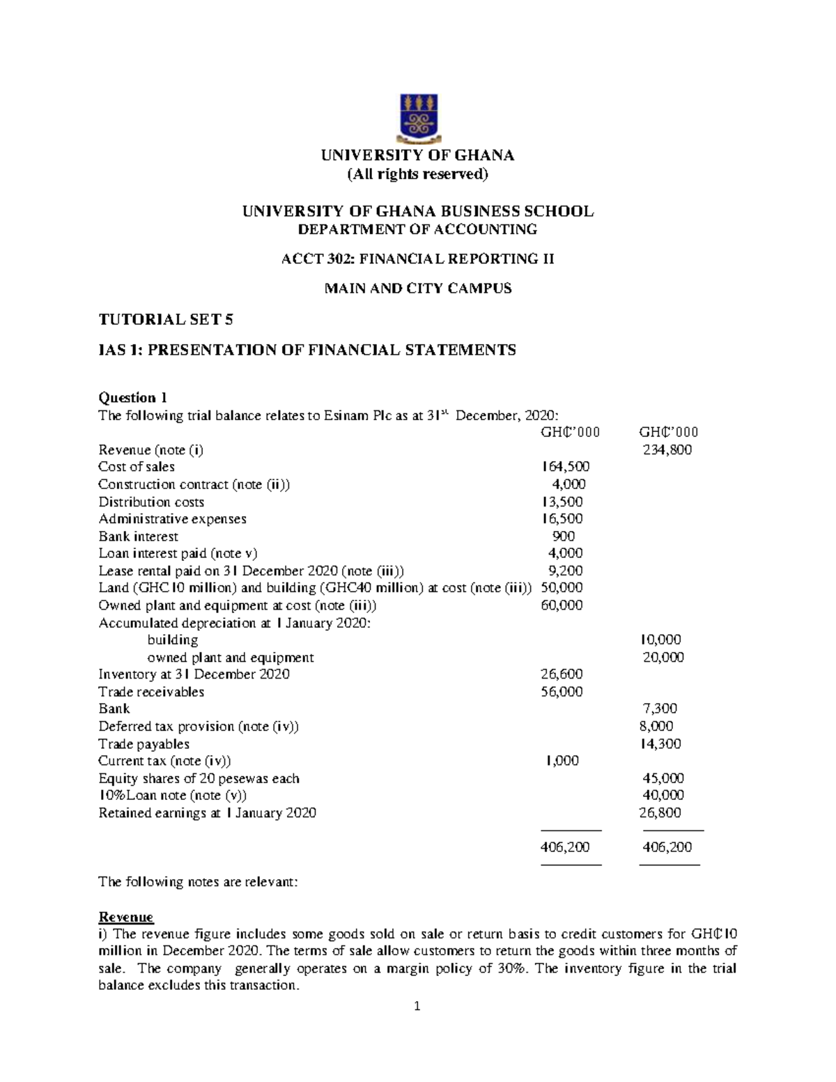 ACCT 302 Tutorial set 6 Financial Statements - 1 UNIVERSITY OF GHANA ...