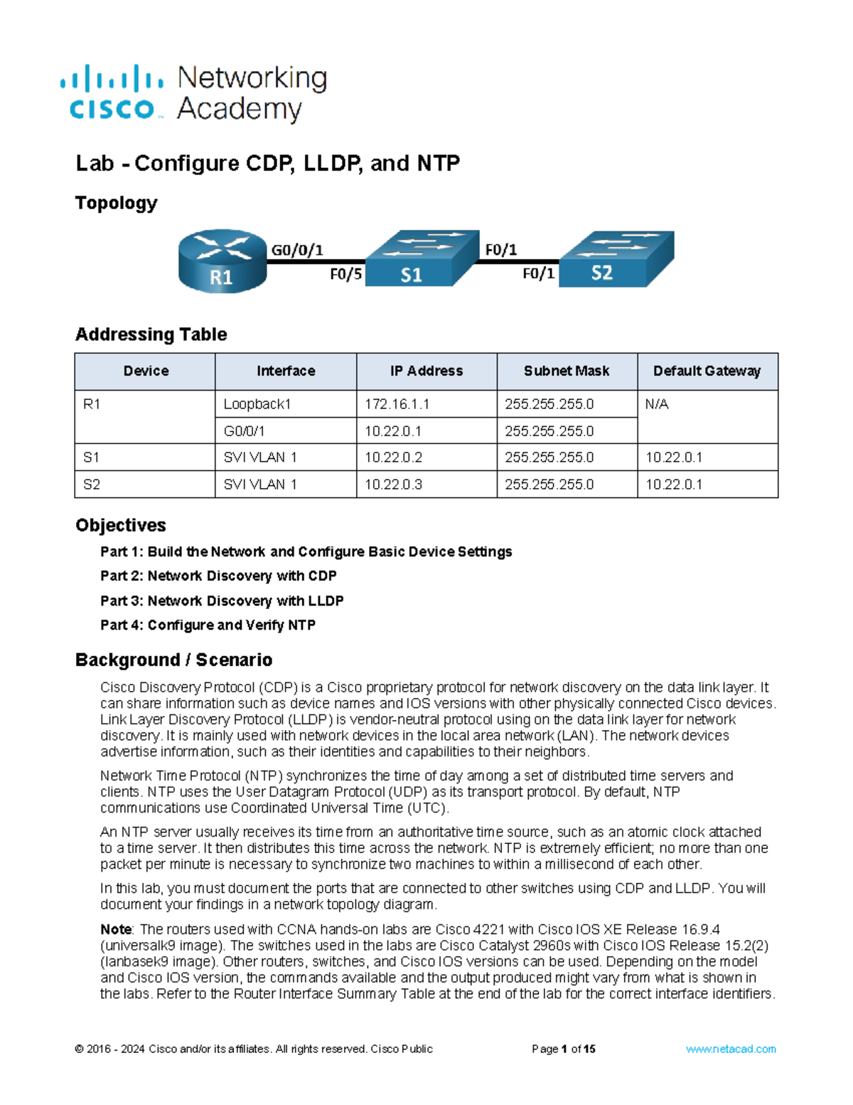 10 8 2 Lab Configure Cdp Lldp And Ntp Topology Addressing Table Device Interface Ip