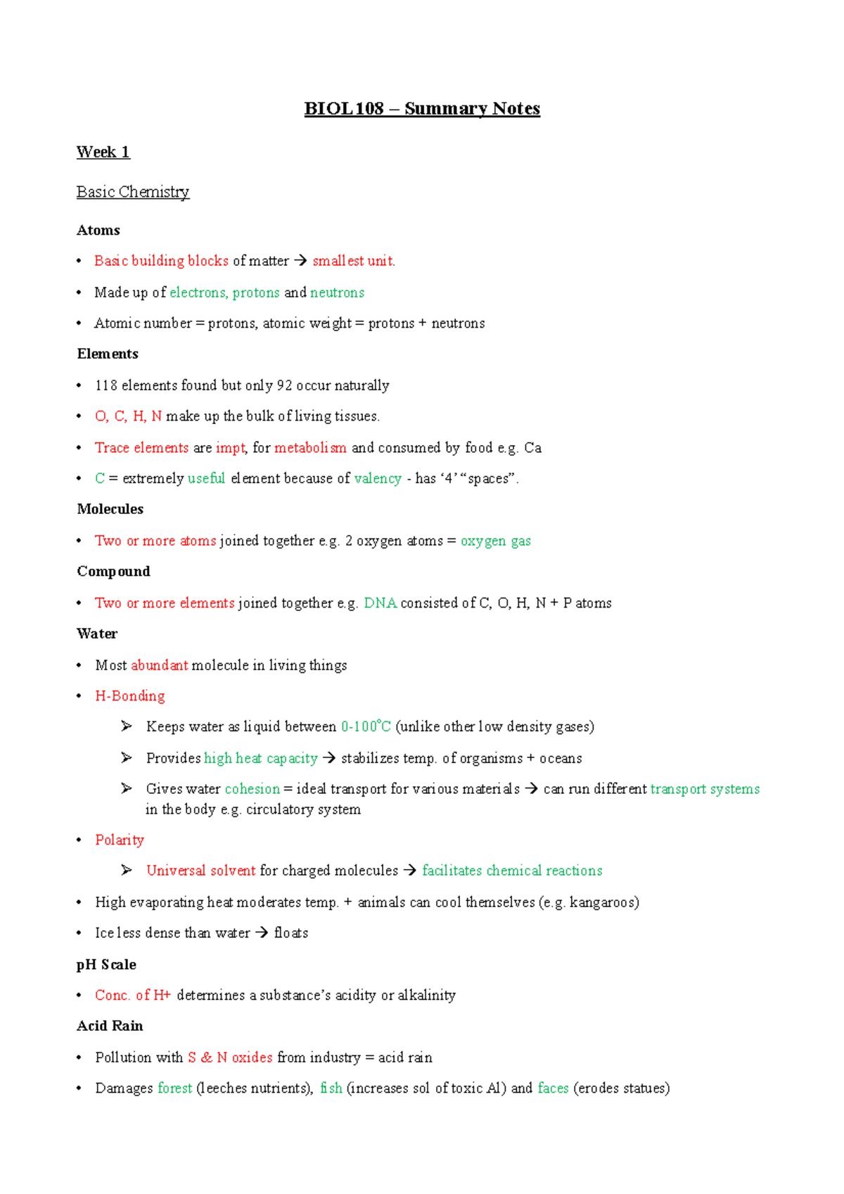 BIOL108 - Week 1 Summary Notes - BIOL108 – Summary Notes Week 1 Basic ...