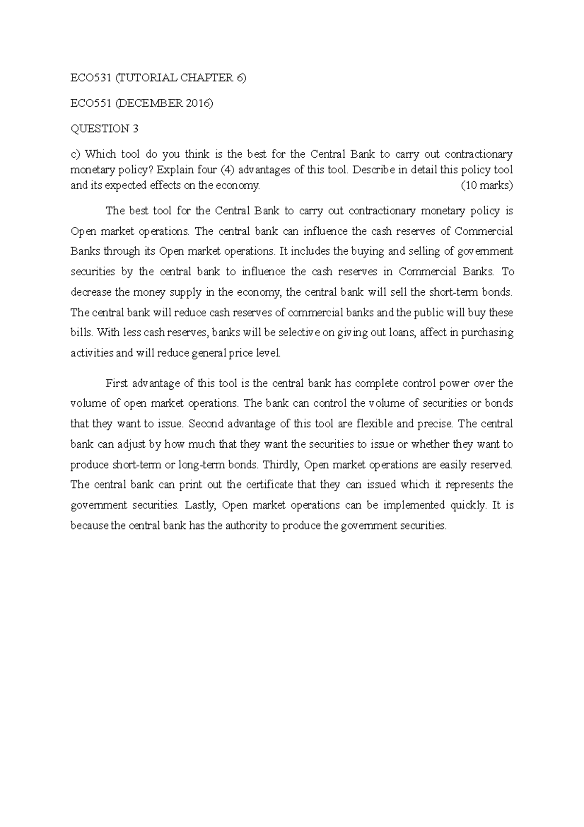 ECO531 ( Tutorial Chapter 6) - ECO531 (TUTORIAL CHAPTER 6) ECO551 (DECEMBER 2016) QUESTION 3 c ...