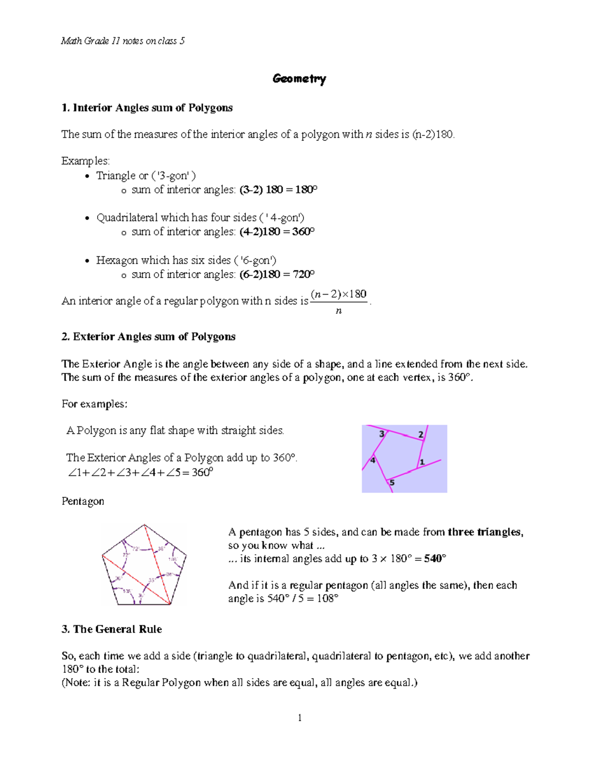 Math G11 Course notes - Geometry Interior Angles sum of Polygons The ...