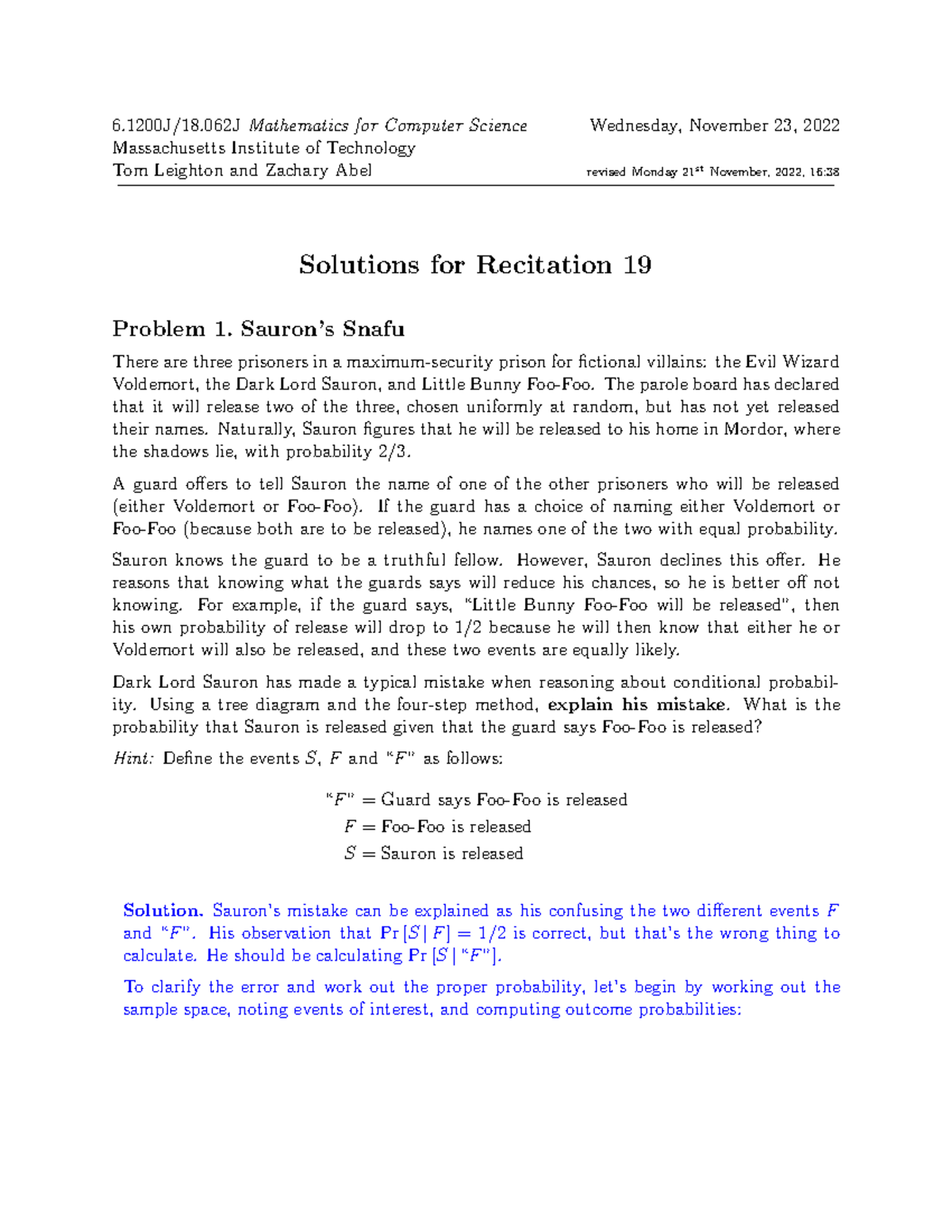 Rec19-sols - Recitation 19 Solutions - 6.1200J/18 Mathematics for Computer Science Wednesday ...