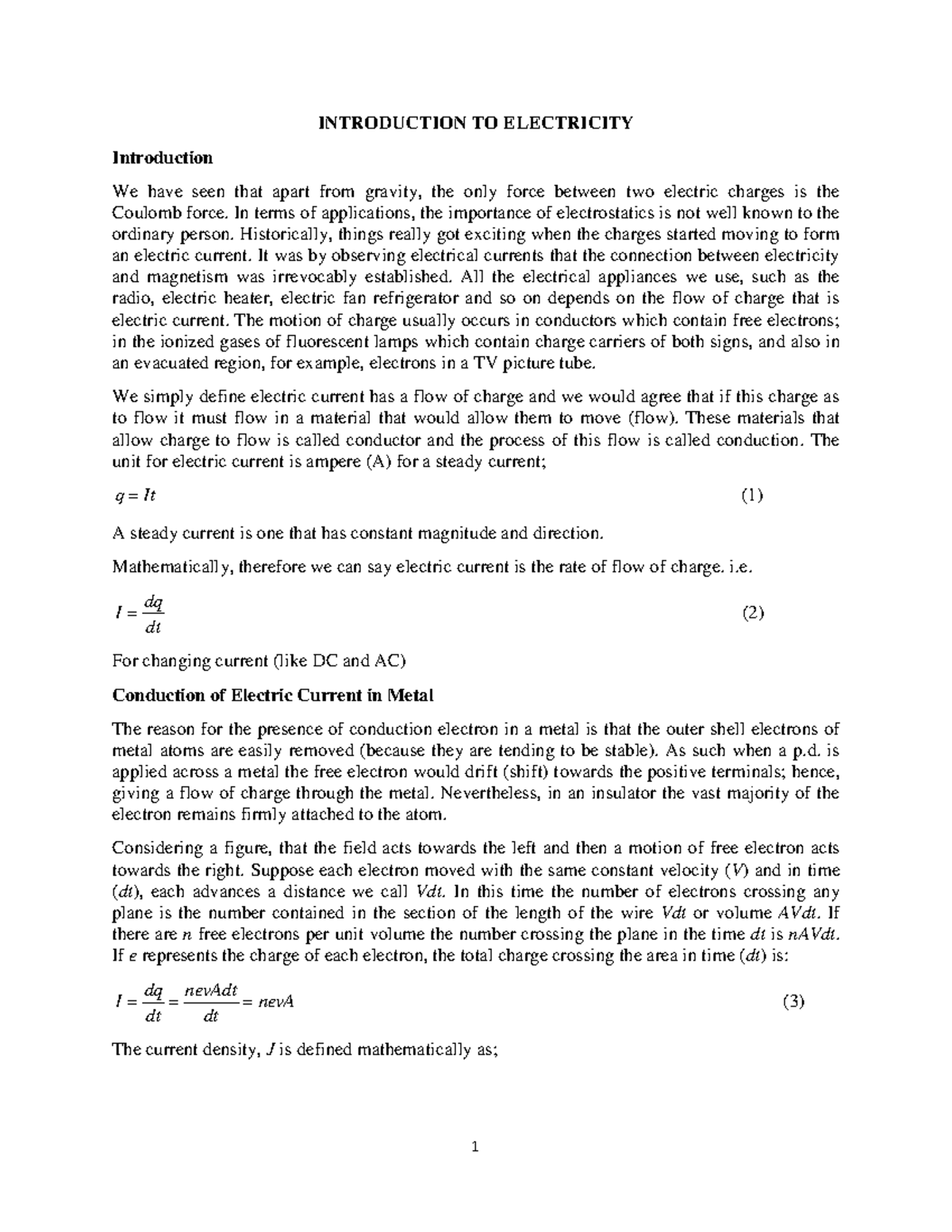 Module 2 - Physics - INTRODUCTION TO ELECTRICITY Introduction We have ...