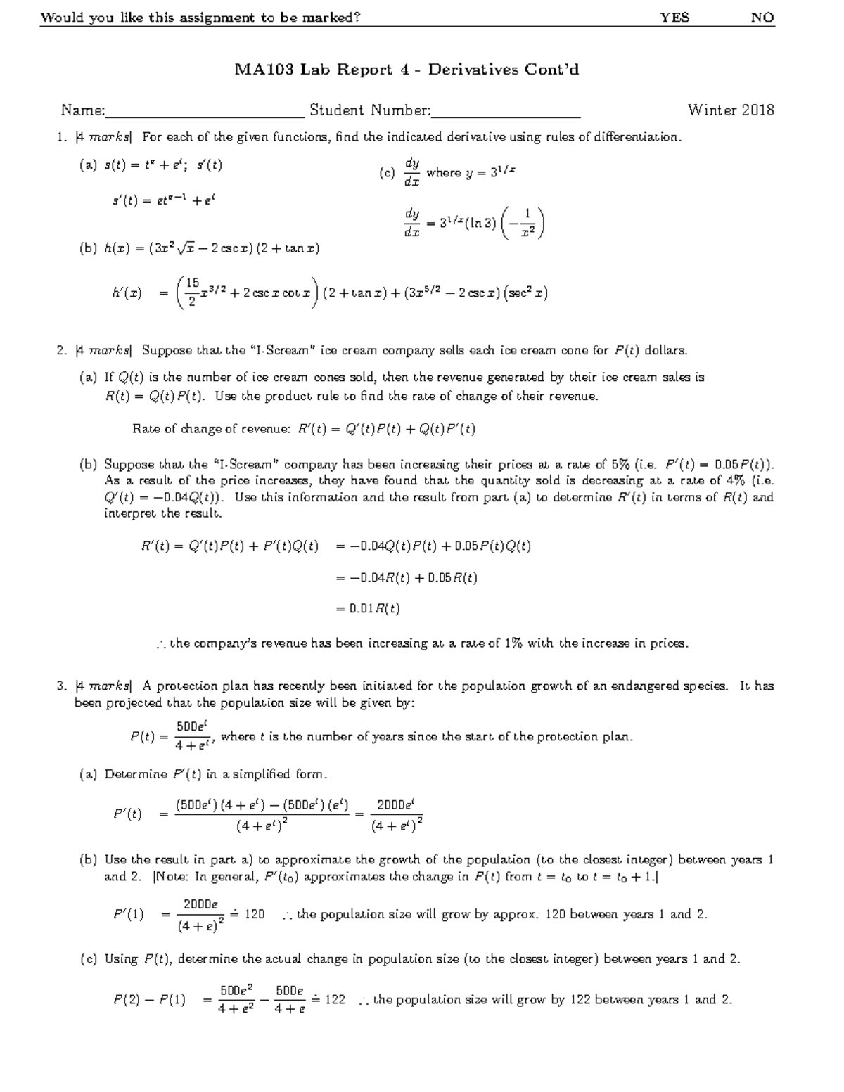 Lab 4 Solutions - Would you like this assignment to be marked? YES NO ...