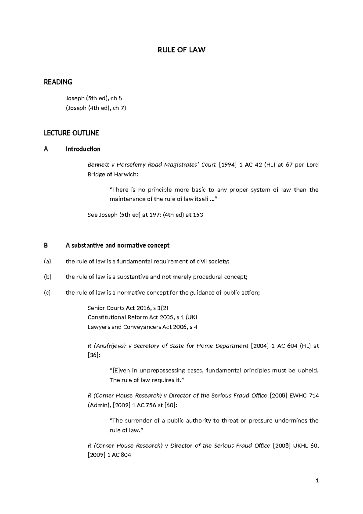 Rule of Law - Lecture outline 2024 - RULE OF LAW READING Joseph (5th ed ...