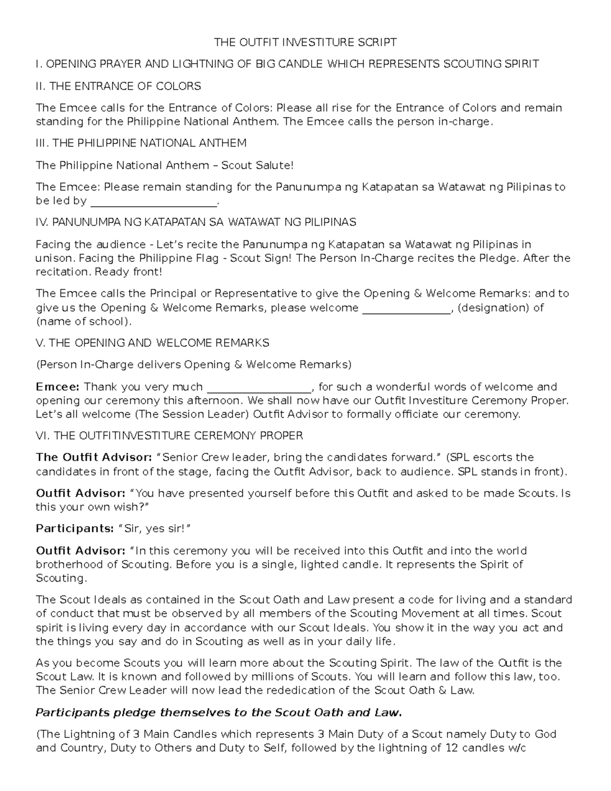 THE Outfit Investiture Script - THE OUTFIT INVESTITURE SCRIPT I ...