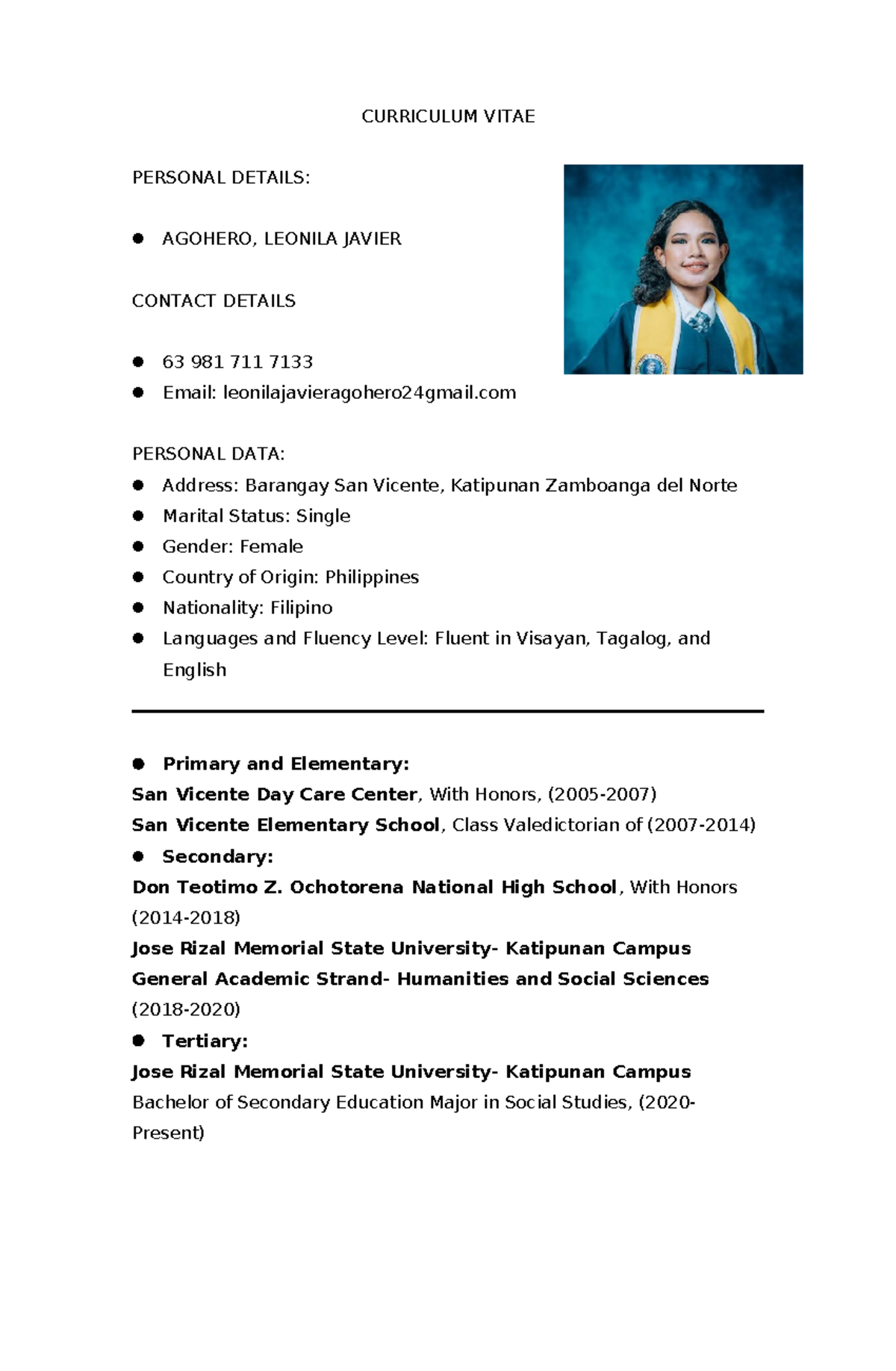 Curriculum Vitae - school purposes - CURRICULUM VITAE PERSONAL DETAILS ...