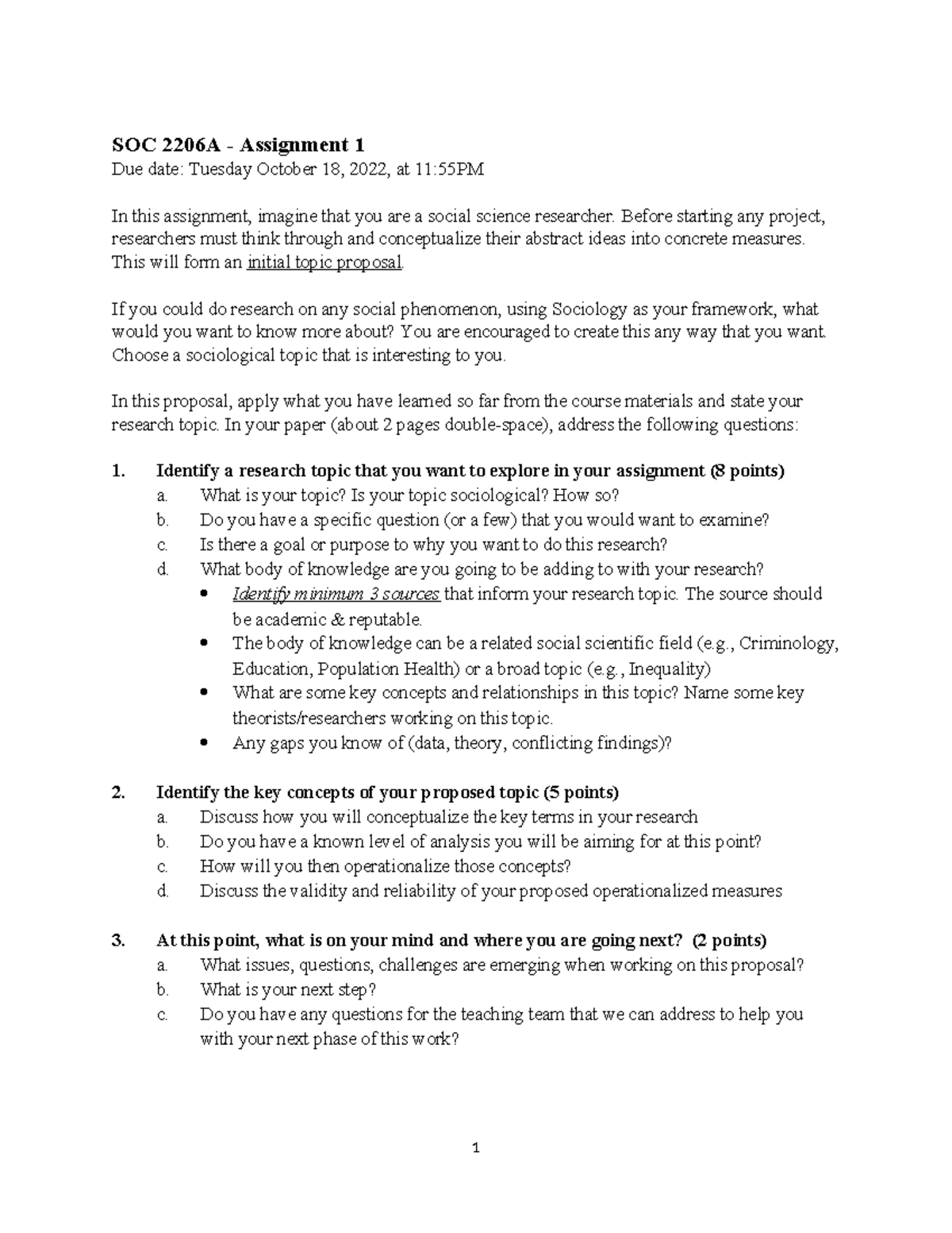 SOC2206A Assignment 1 - SOC 2206A - Assignment 1 Due date: Tuesday October 18, 2022, at 11:55PM ...