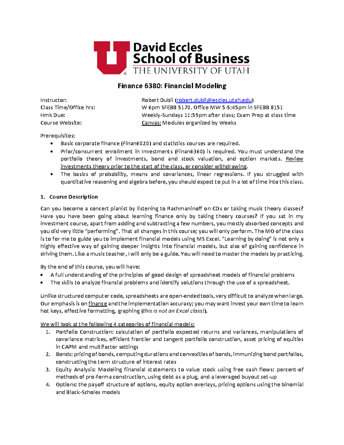 Fin6380-syllabus-Fall2024 - Finance 6380: Financial Modeling Instructor ...