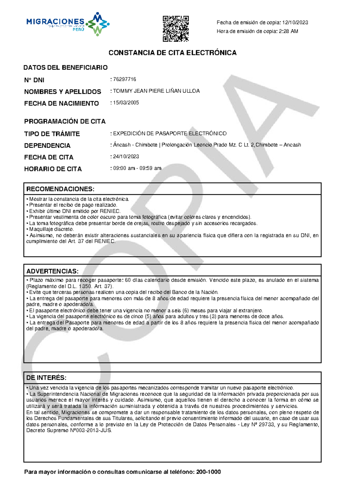 Constancia cita electronica-76297716 - CONSTANCIA DE CITA ELECTRÓNICA ...