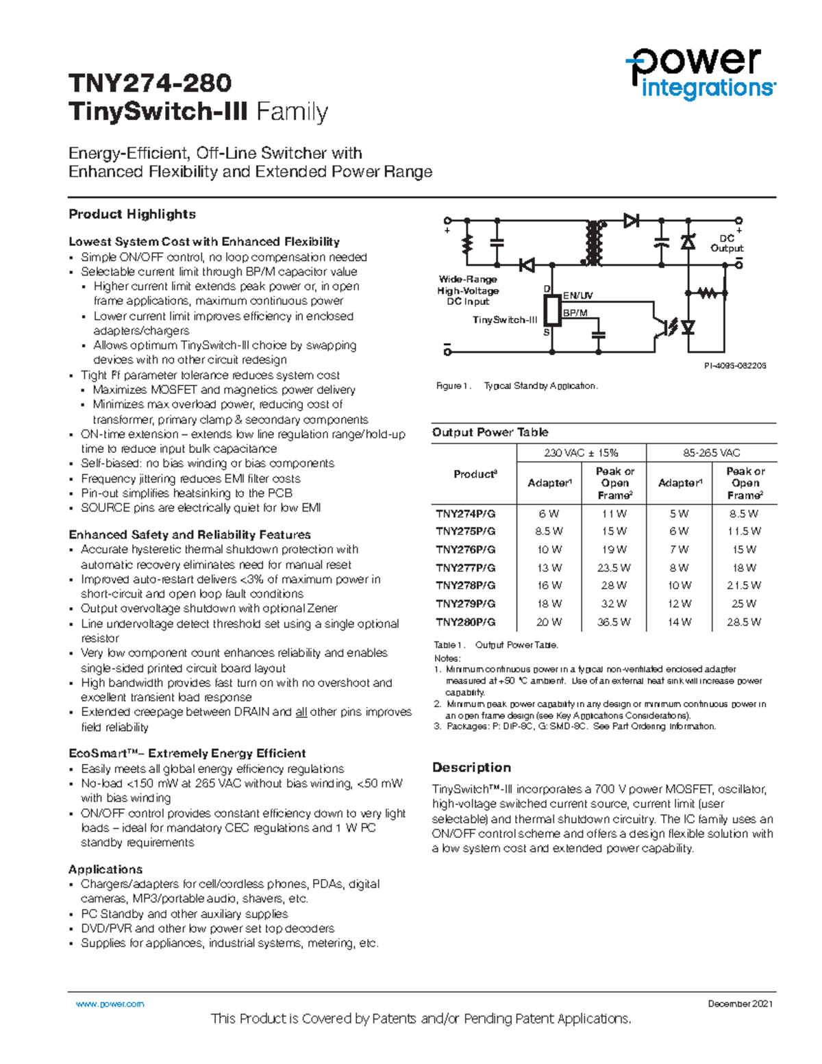 TNY274 - TinySwitch-III Family power December 2021 Energy-Efficient ...