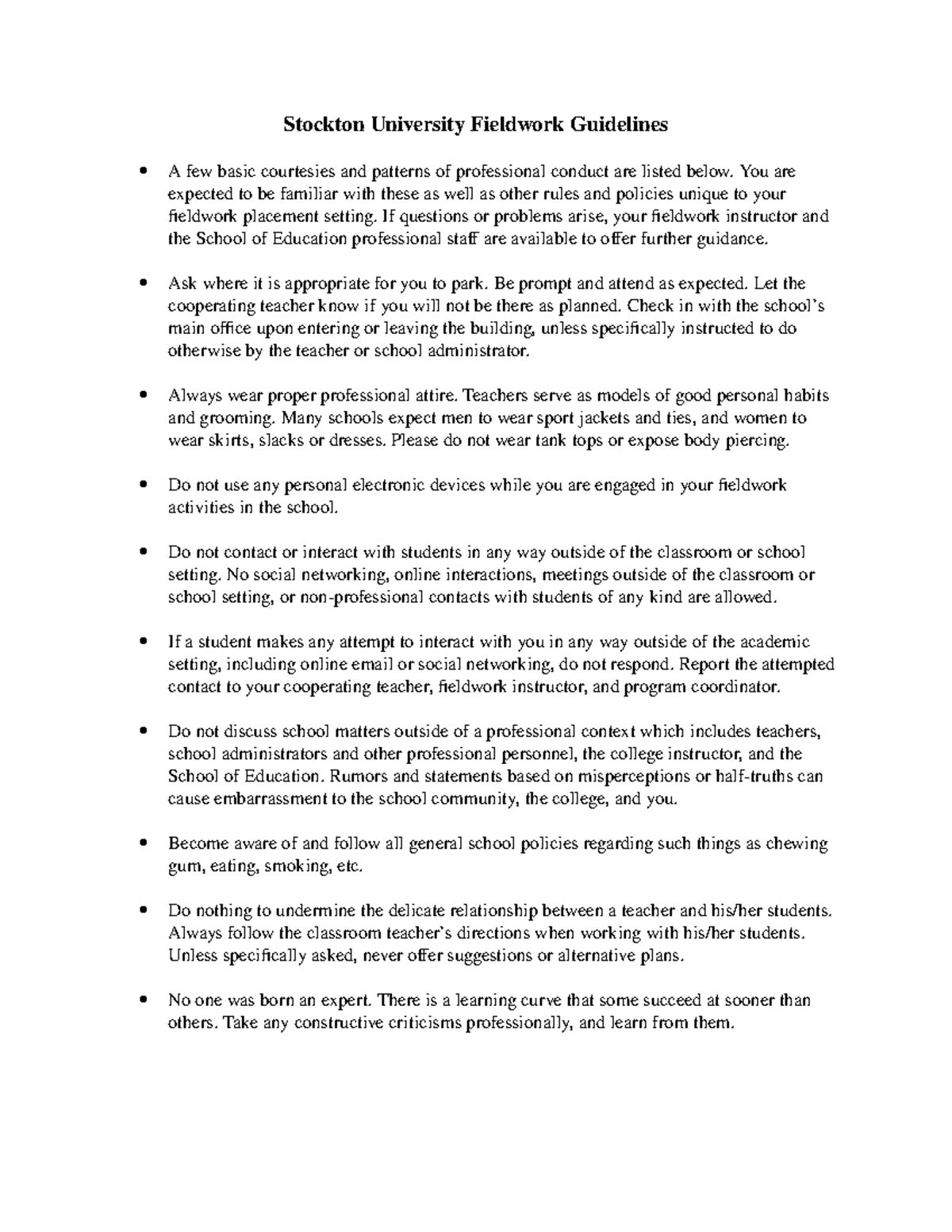 Fieldwork Guidelines (19) - Stockton University Fieldwork Guidelines A ...