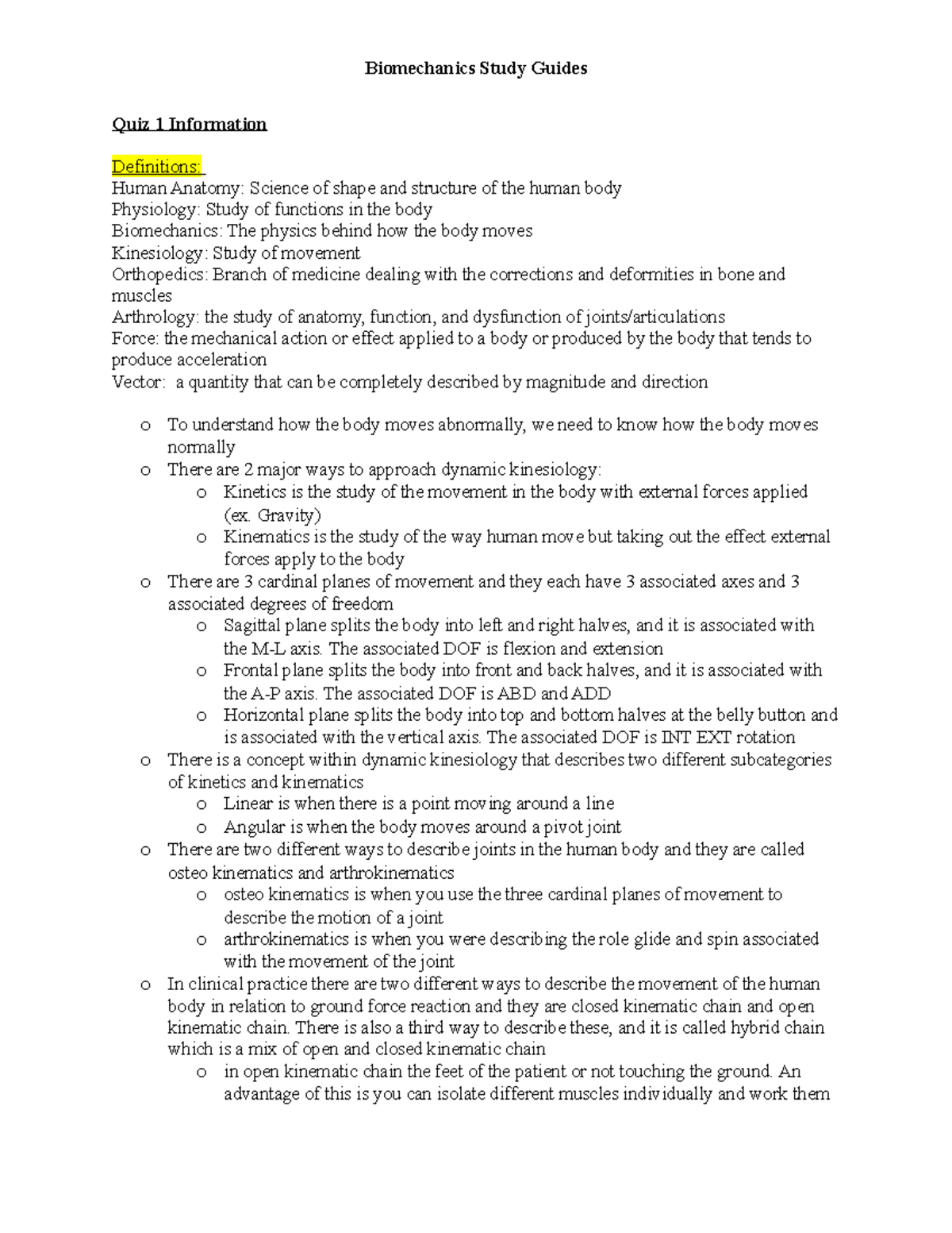 Biomechanics Study Guide - PT 711 - Studocu