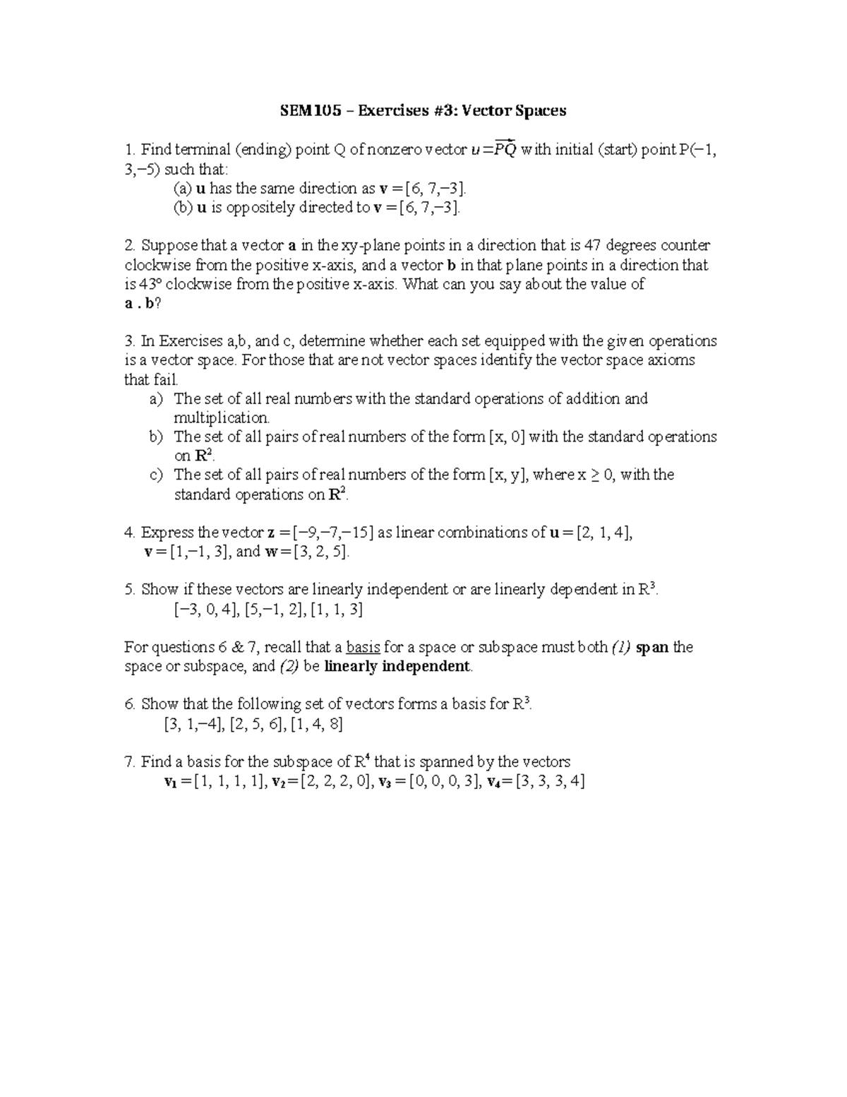 Exercises Vector Spaces 1 Sem105 Exercises 3 Vector Spaces Find Terminal Ending Point Q