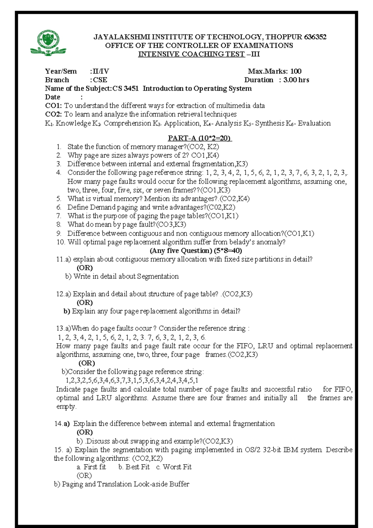 theory of computation question paper - JAYALAKSHMI INSTITUTE OF ...