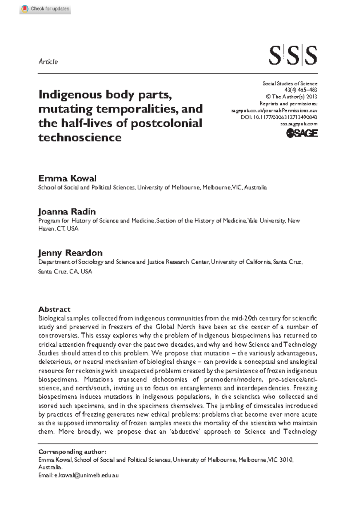 Kowal et al Indigenous body parts - Social Studies of Science 43(4) 465 ...