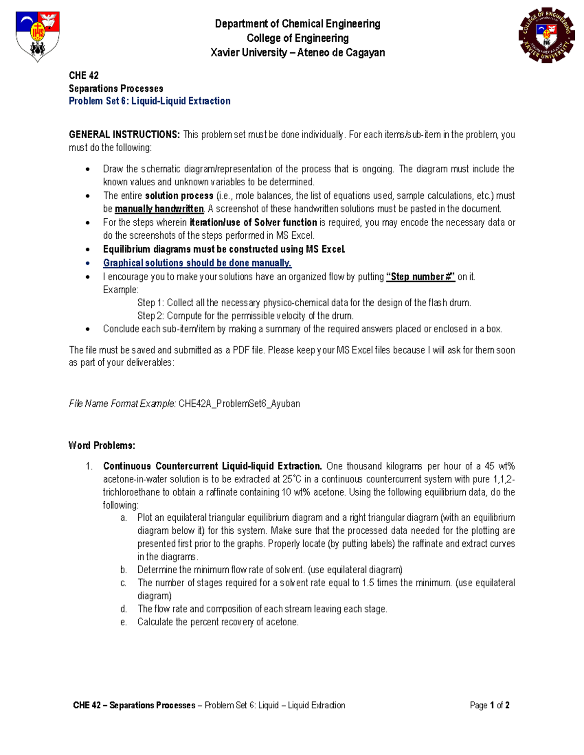 CHE 42 - Problem Set 6 - Liquid - Liquid Extraction - CHE 42 ...