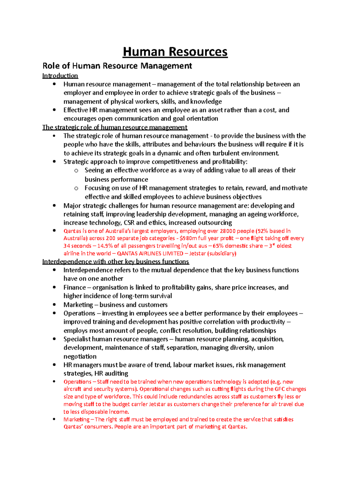 Human Resources Summary Notes - Human Resources Role of Human Resource ...
