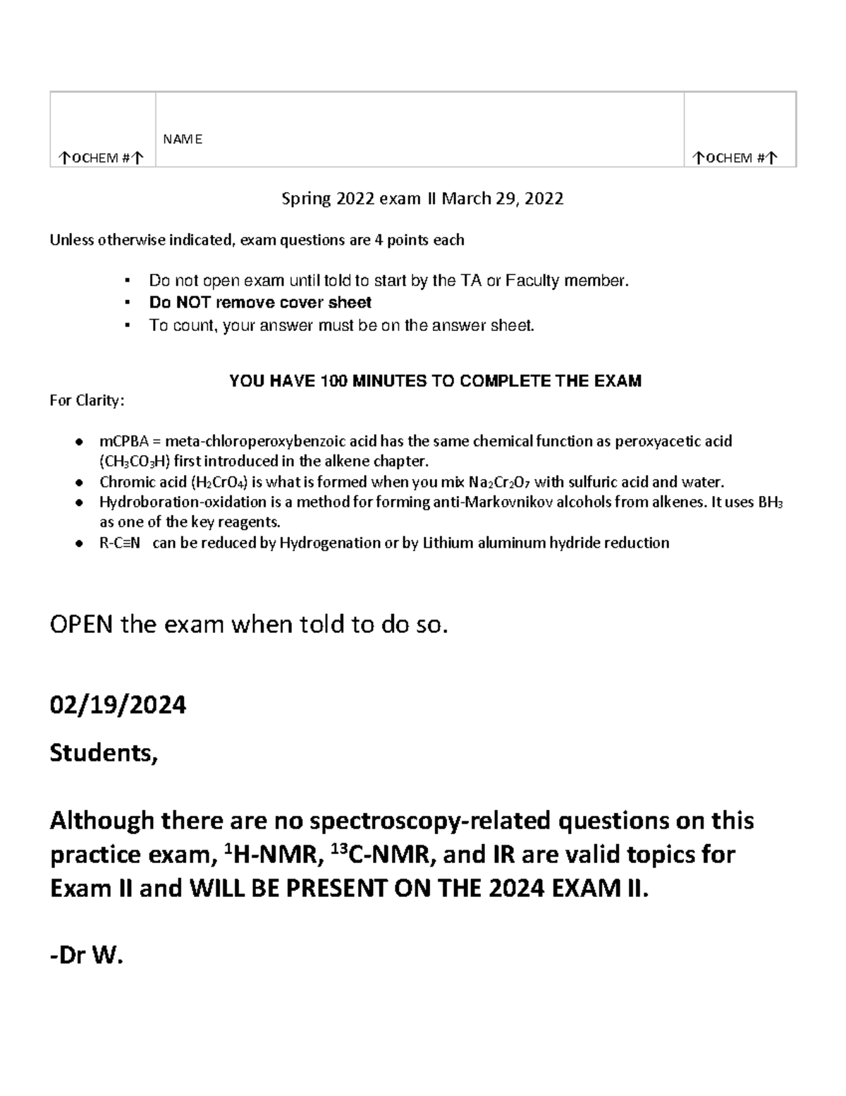 Spring 2022 CHEM 332 Practice Exam II complete - ↑OCHEM #↑ NAME ↑OCHEM ...
