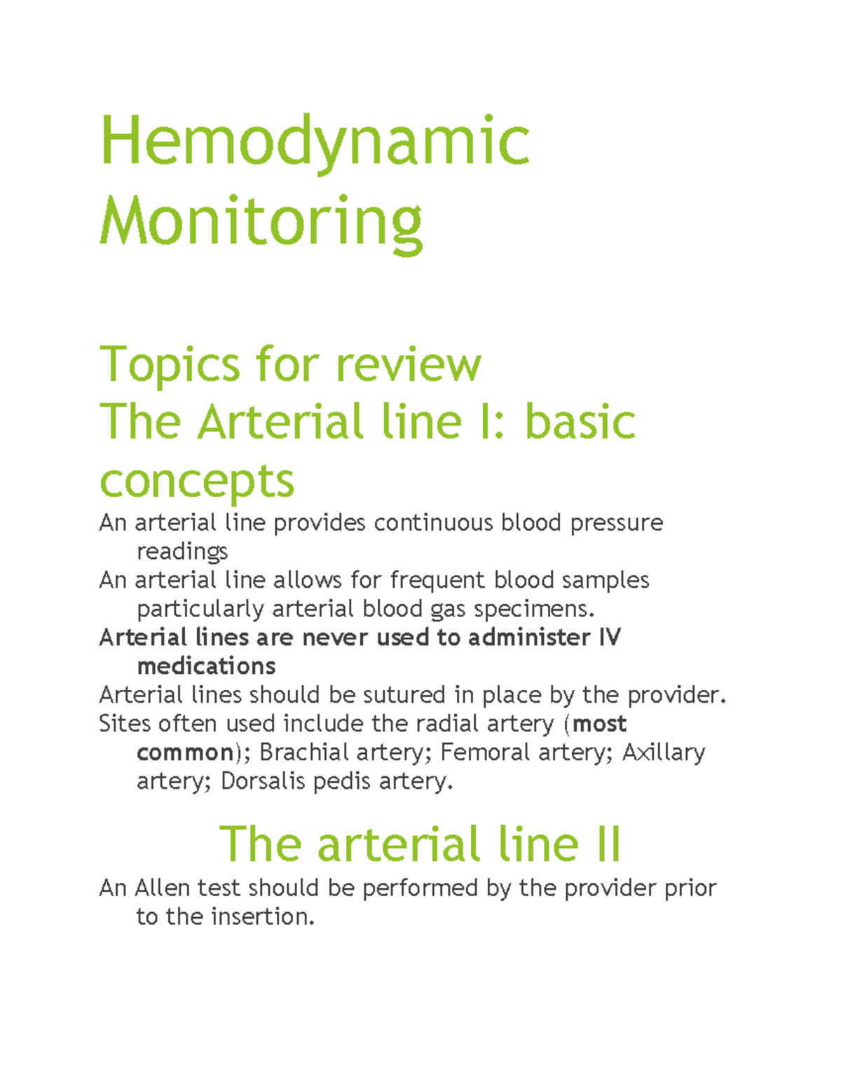 Hemodynamic Monitoring notes - Hemodynamic Monitoring Topics for review ...