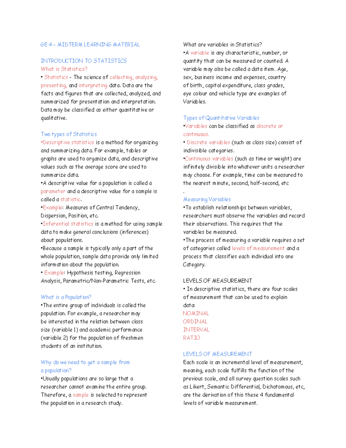 GE 4 – Midterm Learning Material - GE 4 – MIDTERM LEARNING MATERIAL INTRODUCTION TO STATISTICS ...