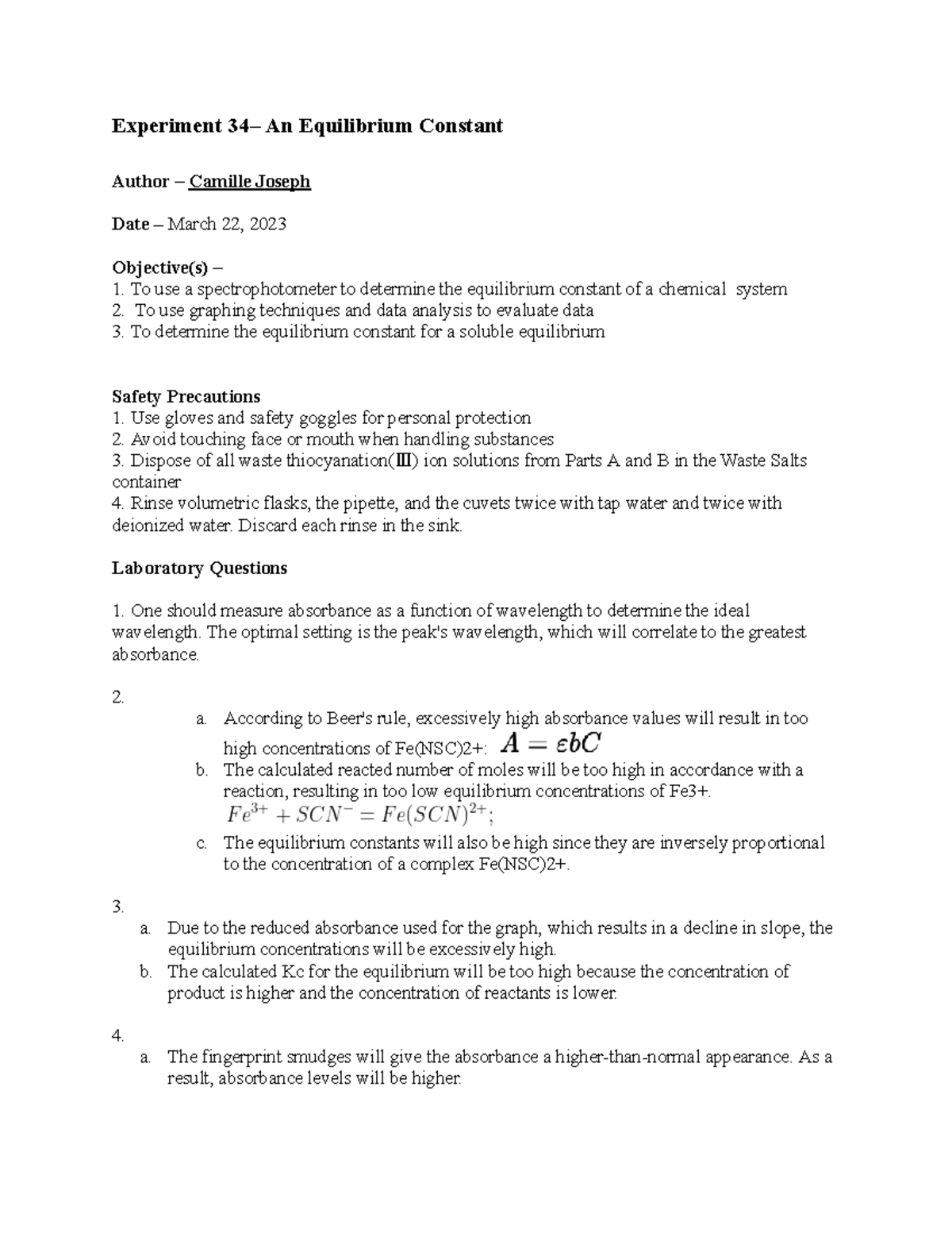 Experiment 34 An Equilibrium Constant - Experiment 34– An Equilibrium ...