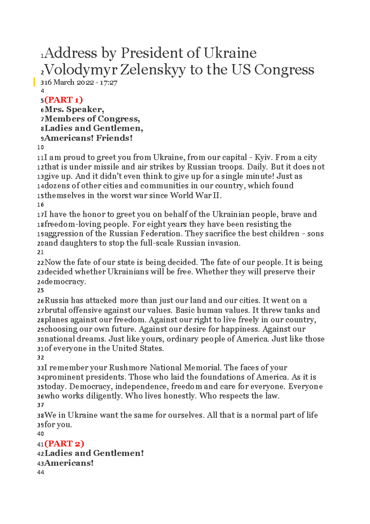 Address by President of Ukraine Volodymyr Zelenskyy to the US Congress ...