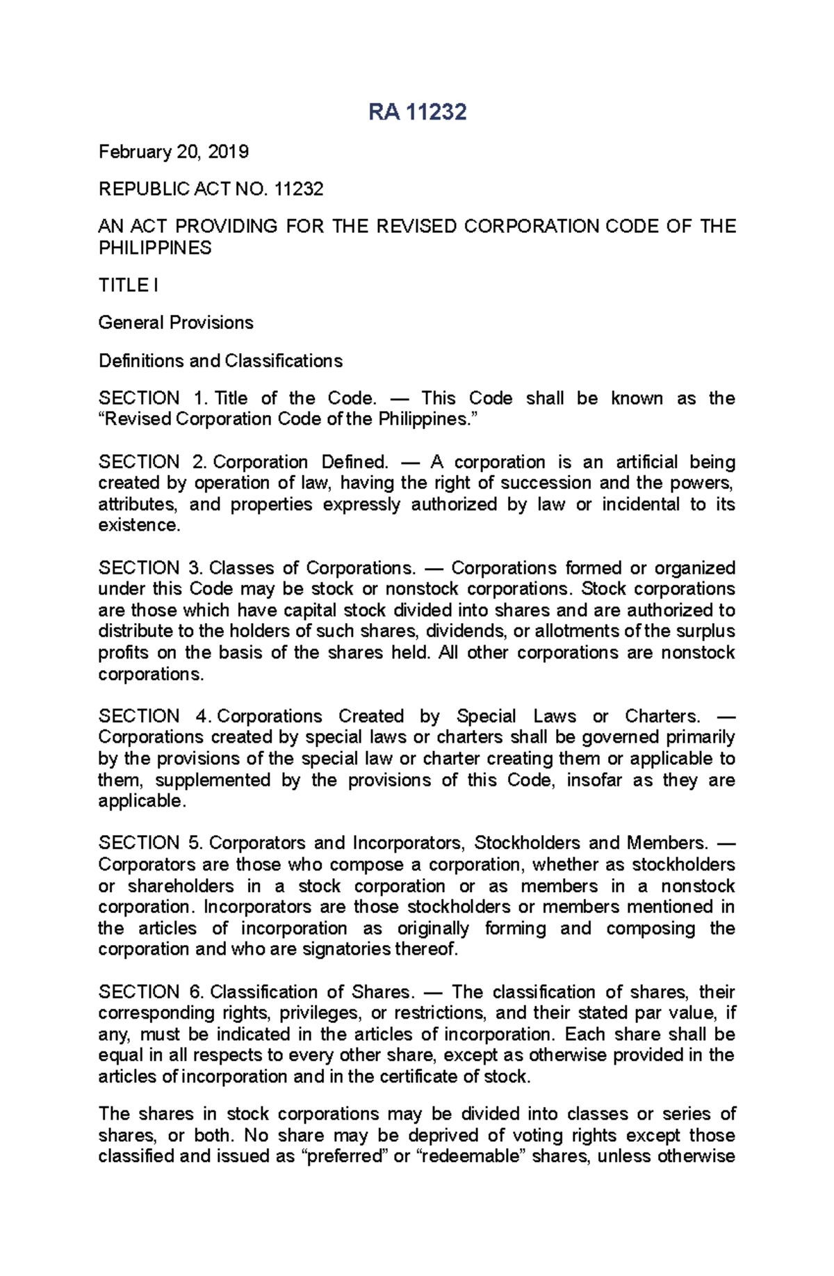 RA 11232 New Corporation Code - RA 11232 February 20, 2019 REPUBLIC ACT ...