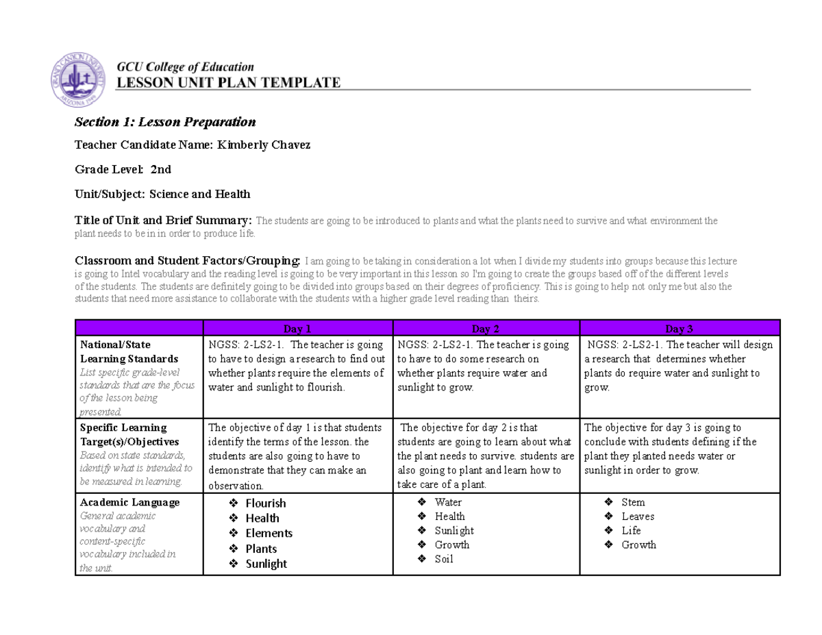 3-day unit plan template - Section 1: Lesson Preparation Teacher ...