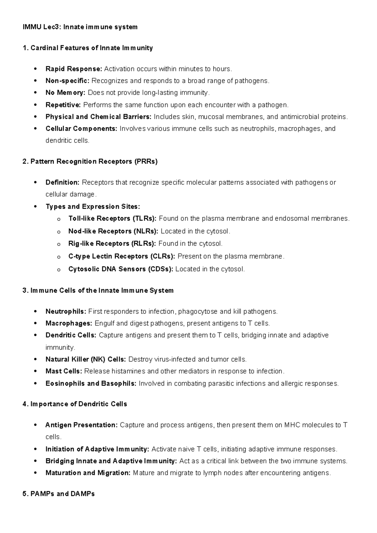 IMMU Lec3 - lec sum - IMMU Lec3: Innate immune system 1. Cardinal ...