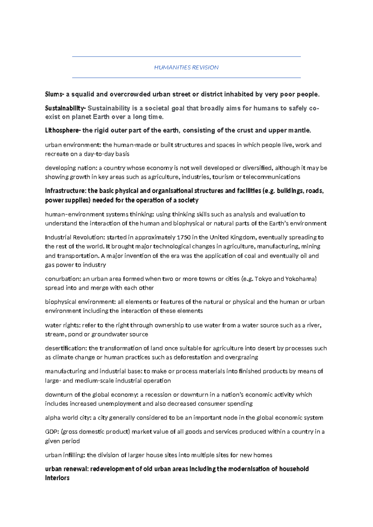 Humanities Revision - helpful - HUMANITIES REVISION Slums- a squalid ...