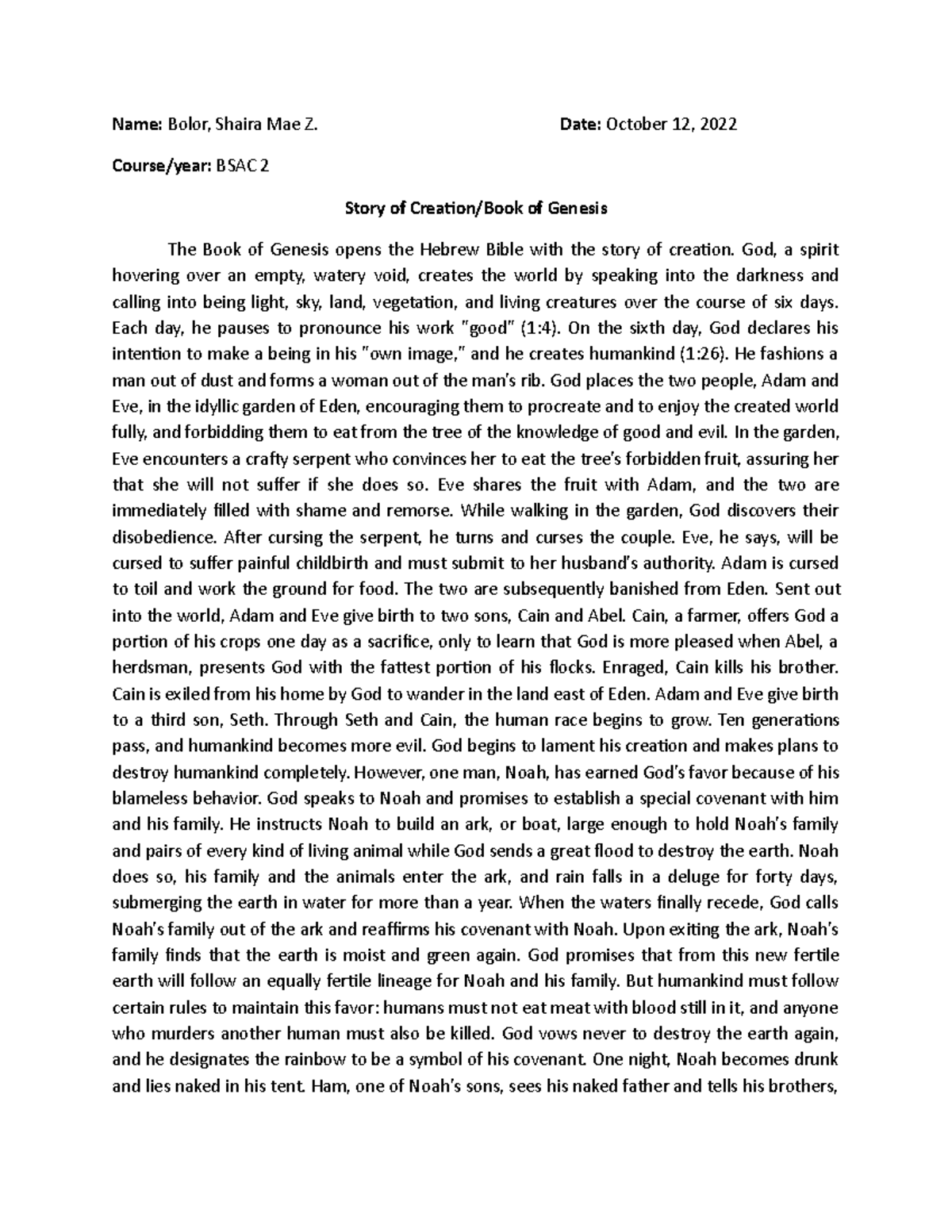 REED story of creation - Name: Bolor, Shaira Mae Z. Date: October 12 ...