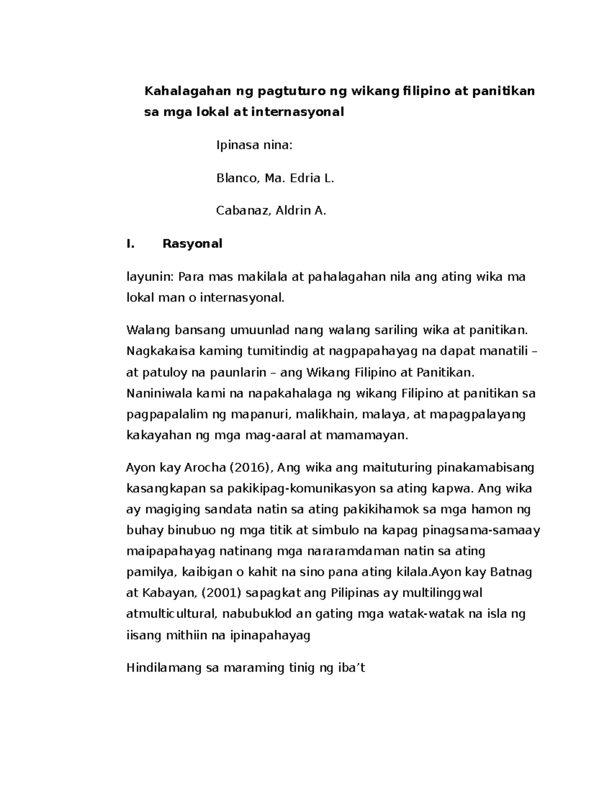 Research Paper - none - Kahalagahan ng pagtuturo ng wikang filipino at ...