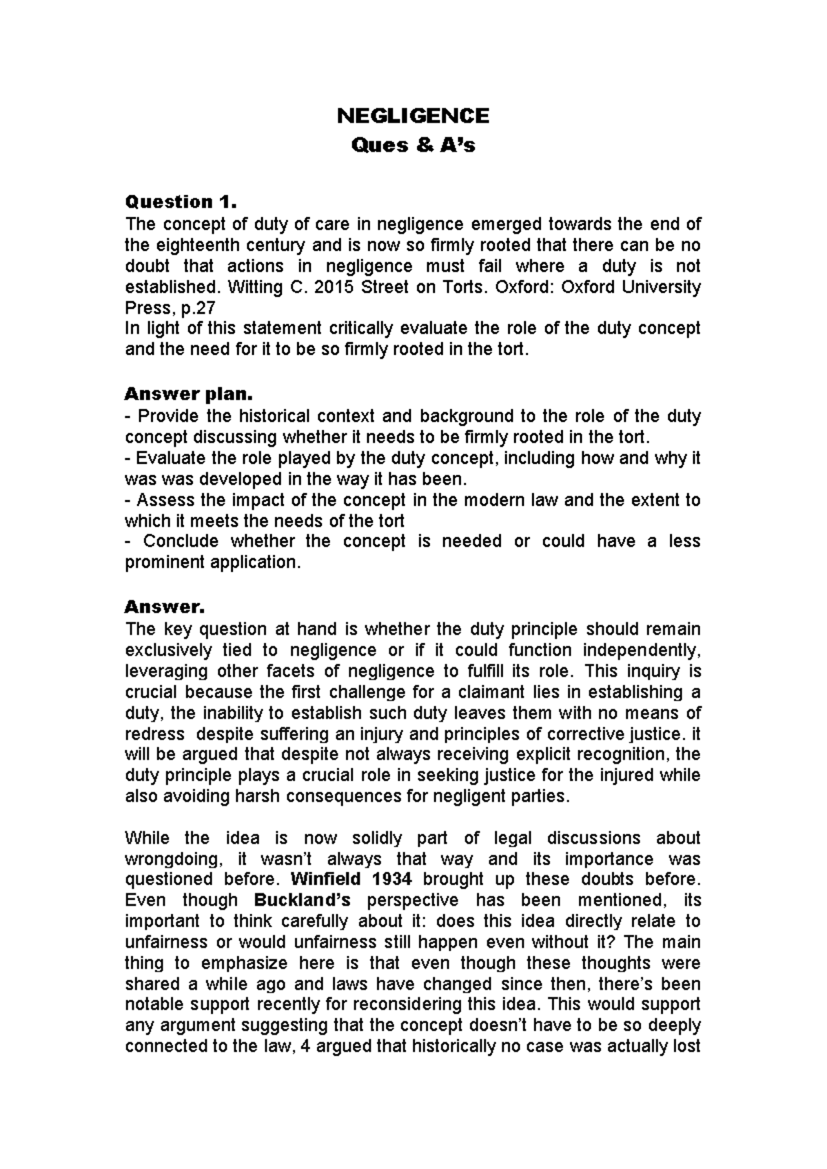 Negligence pp - NEGLIGENCE Ques & A’s Question 1. The concept of duty ...