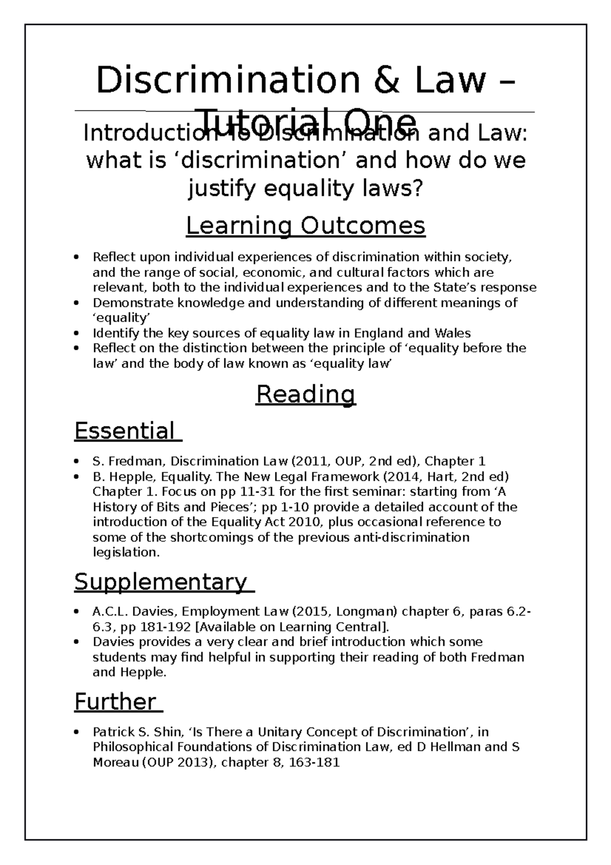 Discrimination & Law Seminar 1 - Introduction To Discrimination and Law ...