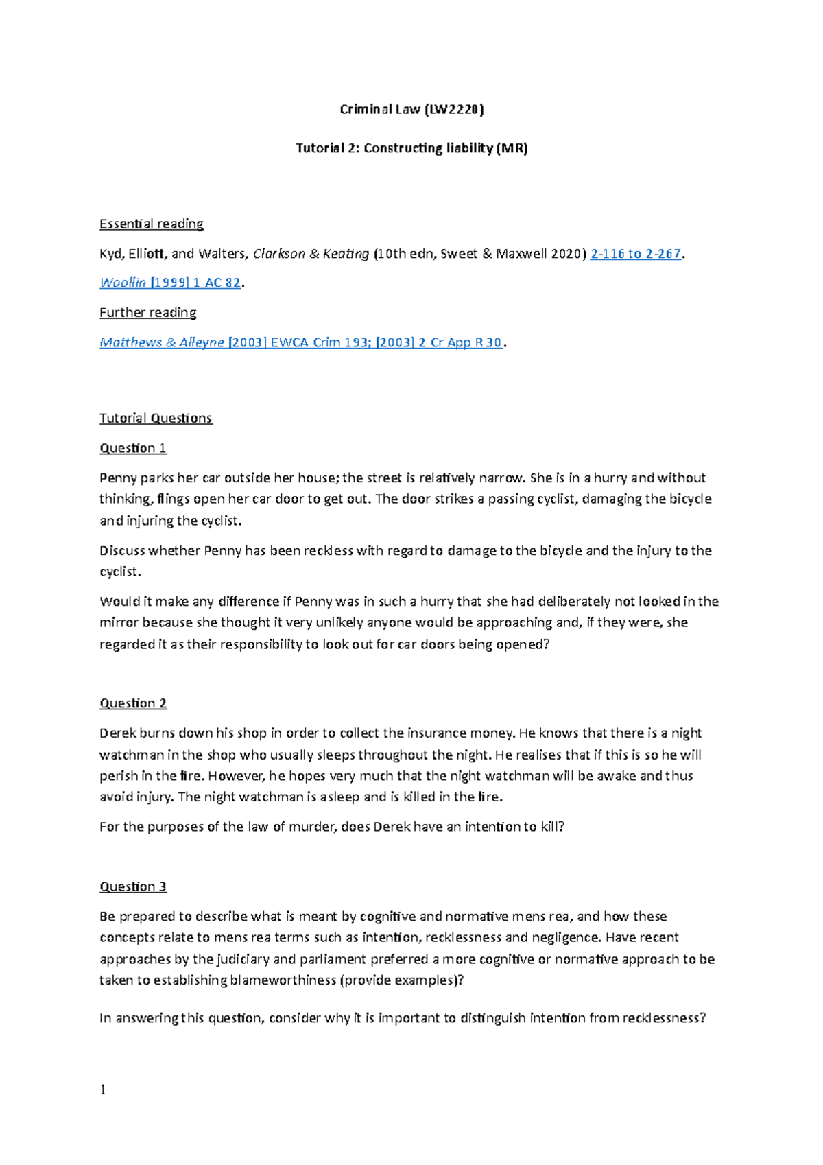 Tutorial 2 (LW2220) - Criminal Law (LW2220) Tutorial 2: Constructing ...
