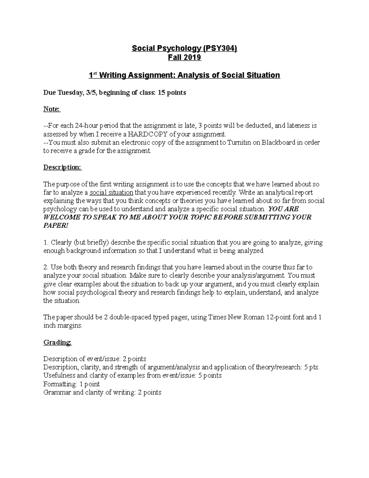 PSY304 Fall 2019 1st Assignment - Social Psychology (PSY304) Fall 2019 1 st Writing Assignment ...