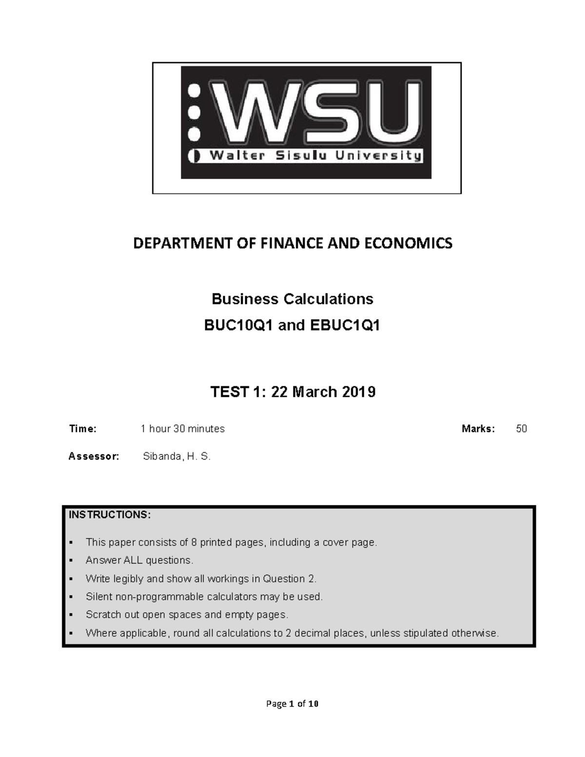 BUC Class Test 1 - 22 March 2019 MEMO, from walter sisulu - bcul15q ...