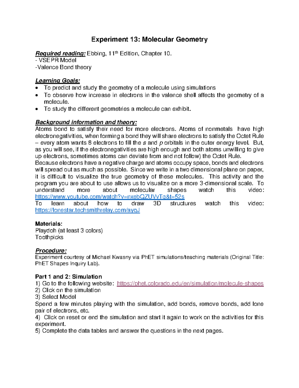 Experiment 13- Molecular Geometry - Experiment 13: Molecular Geometry ...