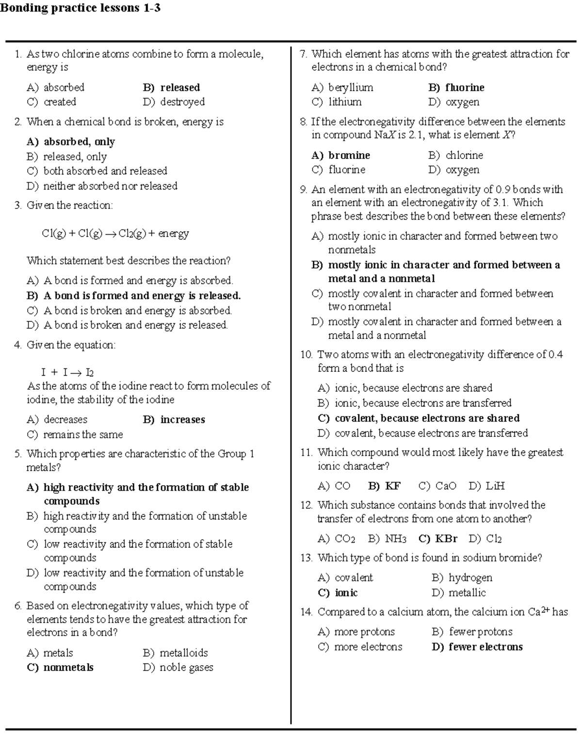 Unit 5 bonding practice lessons 1-3 answer key - Bonding practice ...