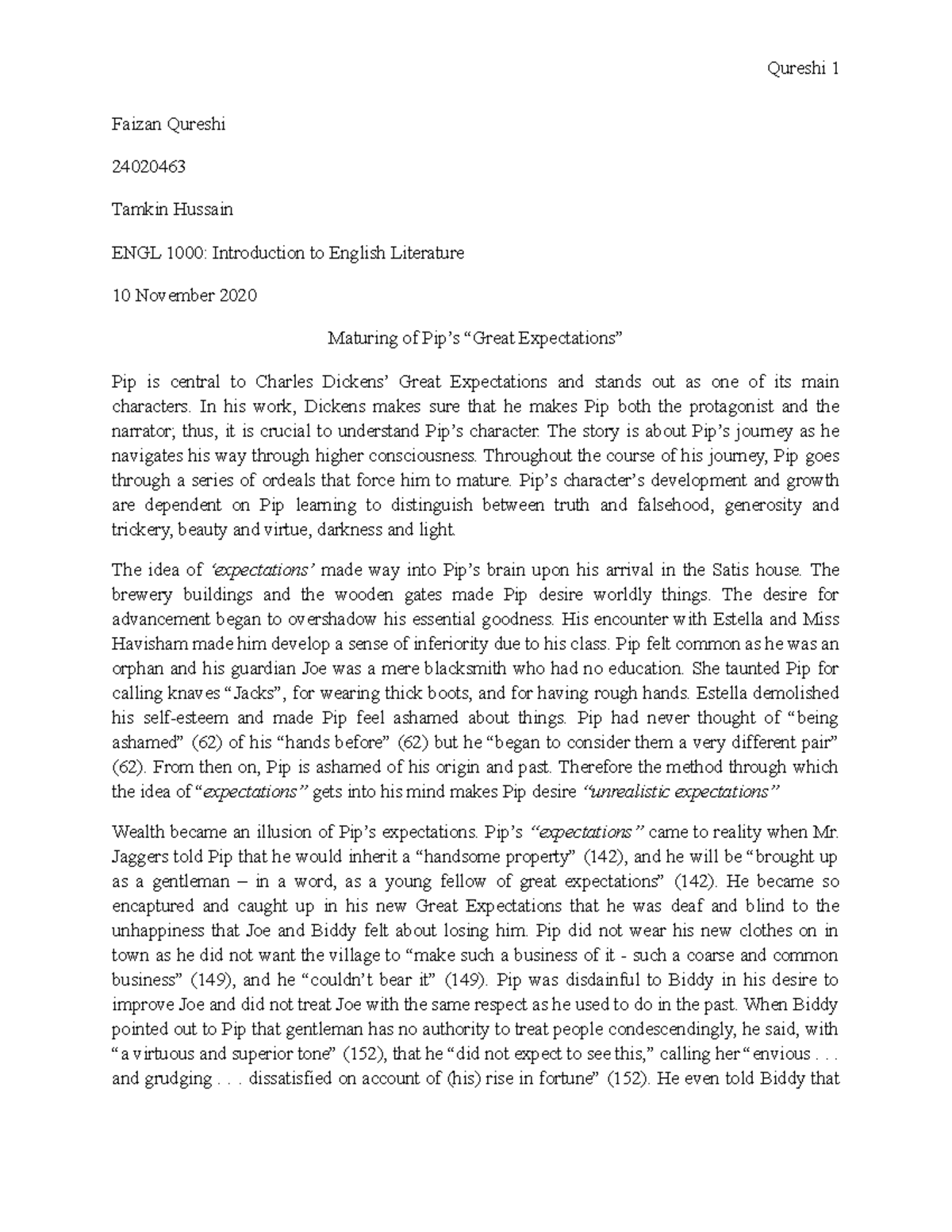 Great Expectations - The Maturing of Pip - Faizan Qureshi 24020463 ...