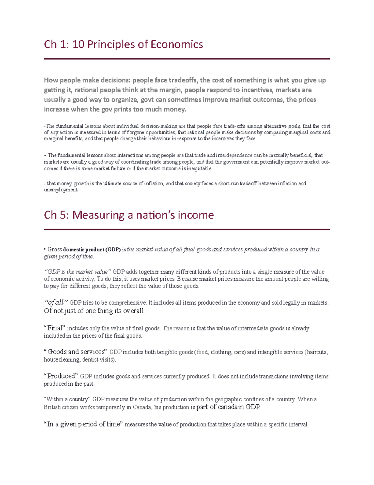 Econ 114 notes - Ch 1: 10 Principles of Economics How people make ...