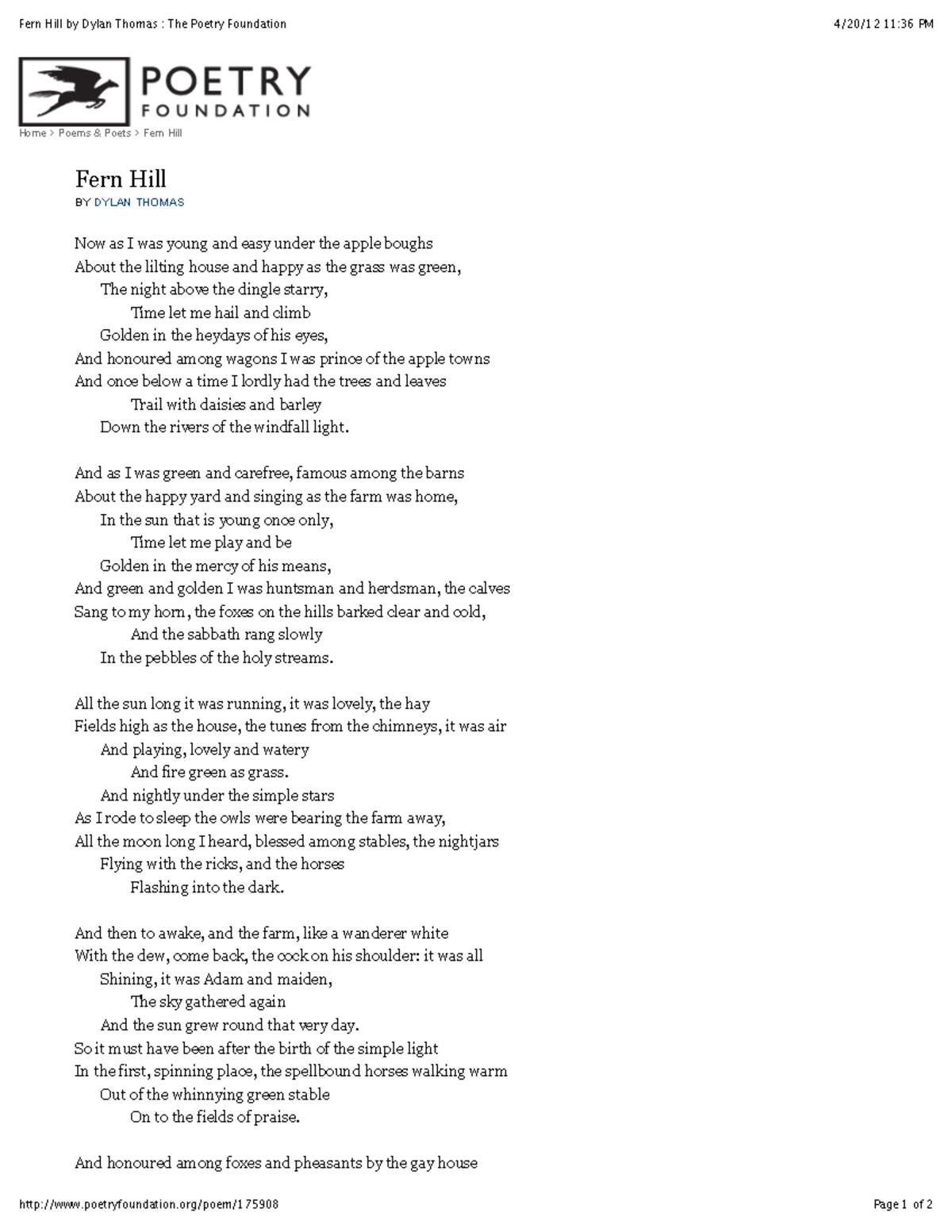 Fern hill by dylan thomas the poetry foundation copy - Fern Hill by ...