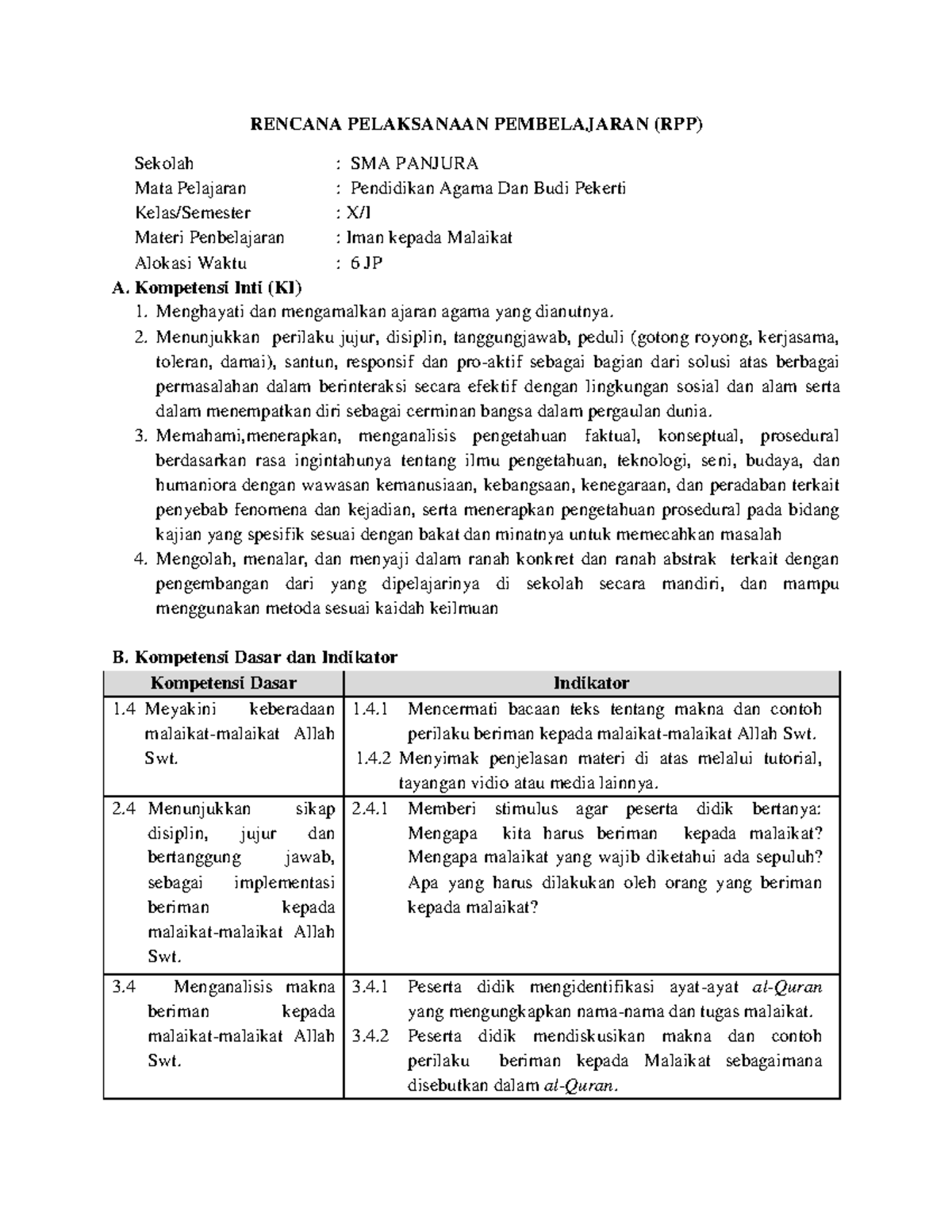 RPP PAI - 5 malaikat - RENCANA PELAKSANAAN PEMBELAJARAN (RPP) Sekolah ...