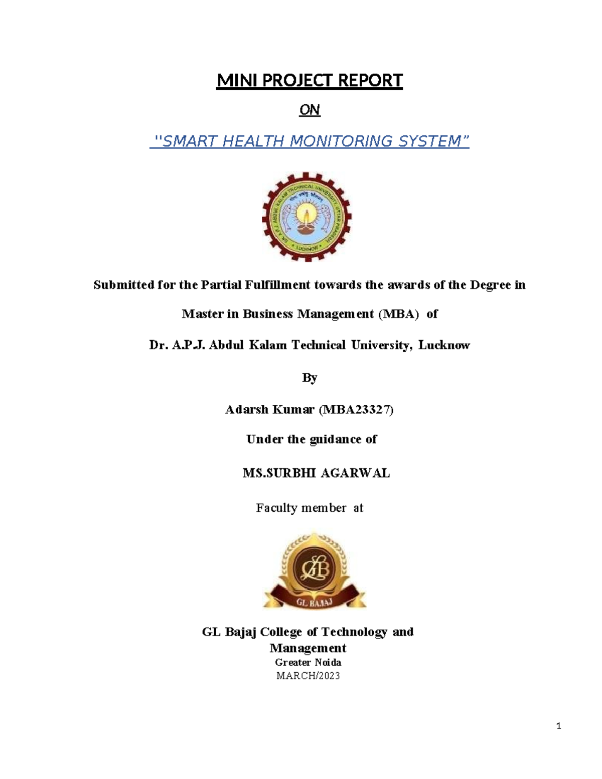 Adarsh mini project - MINI PROJECT REPORT ON ''SMART HEALTH MONITORING SYSTEM” Submitted for the ...