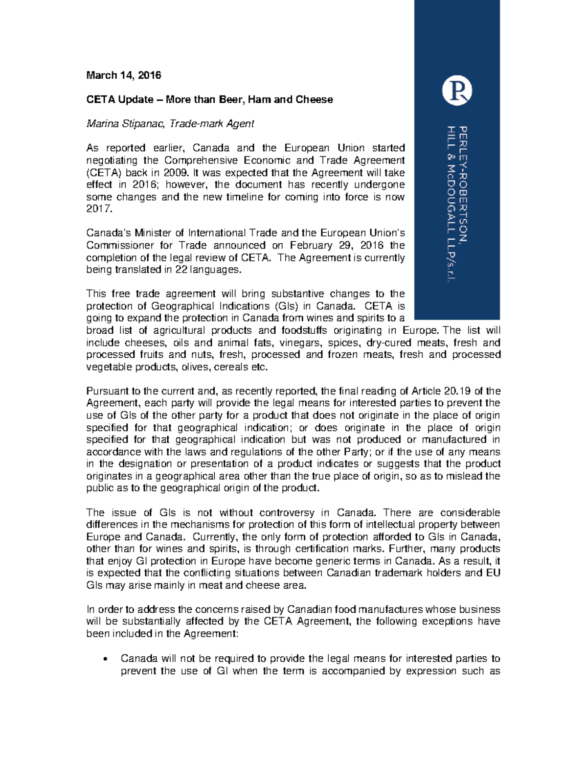 CETA Update MS - new trade deal - March 14, 2016 CETA Update – More ...